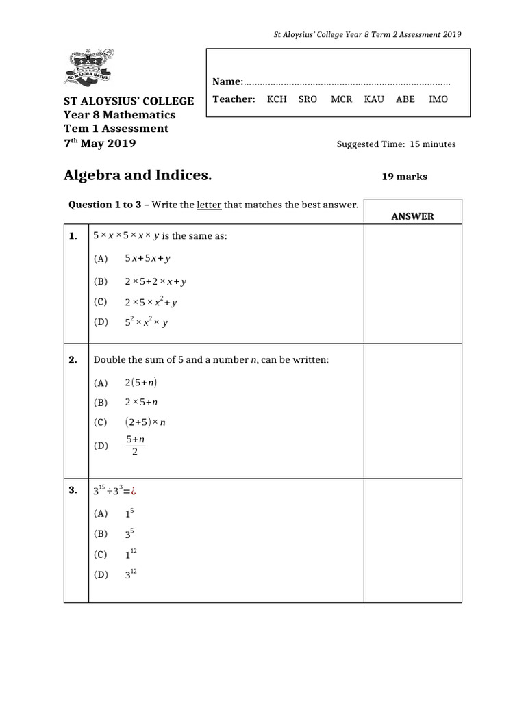 Algebra and Indices.: ST Aloysius' College Year 8 Mathematics Tem 1 ...