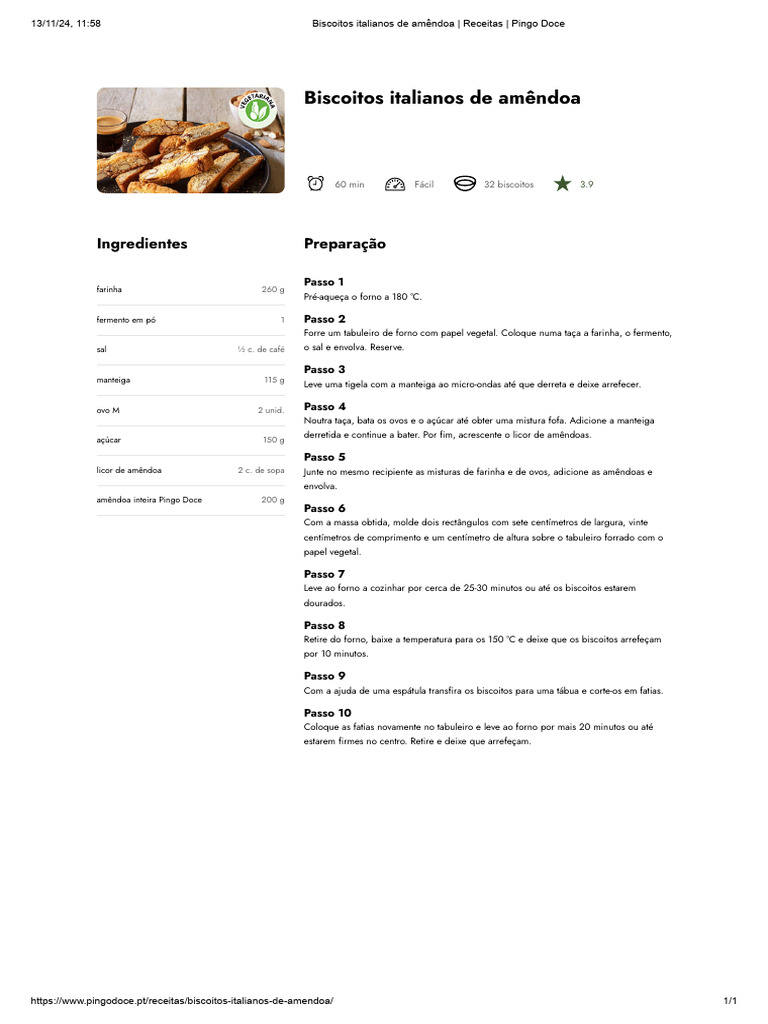 Biscoitos Italianos de Amêndoa - Receitas - Pingo Doce | PDF | Alimentos