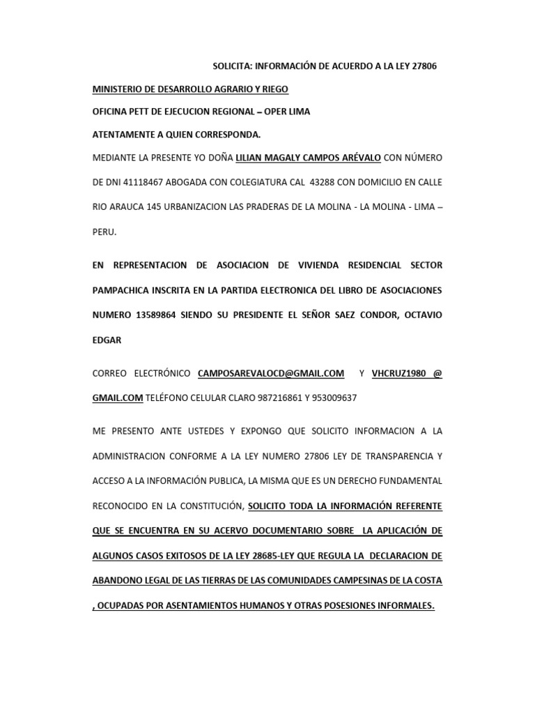 Solicitud de Información Ley 27806 | PDF | Información | Administración ...