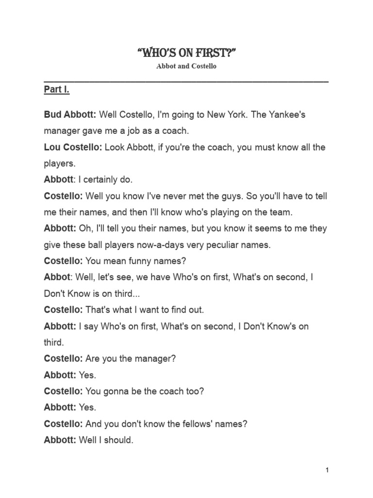 WHOS ON FIRST SCRIPT | PDF | Ball And Bat Games | Major League Baseball ... WHOS ON FIRST SCRIPT | PDF | Ball And Bat Games | Major League Baseball ...