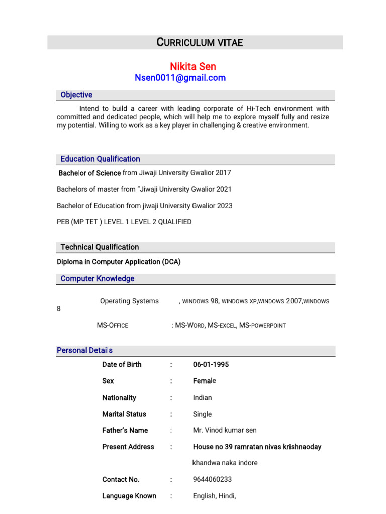 Nikita Sen Curriculum Vitae 2023 | PDF