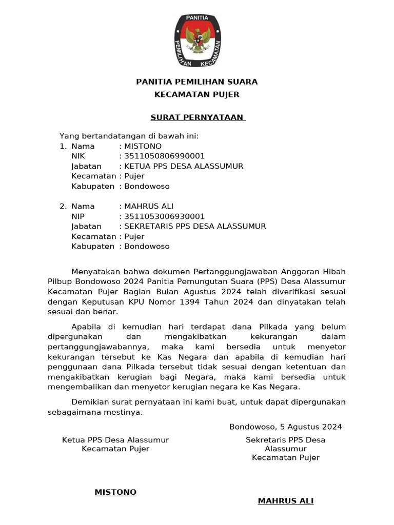 Surat Pernyataan PPK | PDF