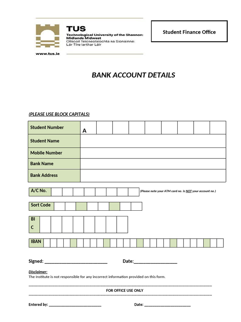 Student Bank Account Details Form | PDF