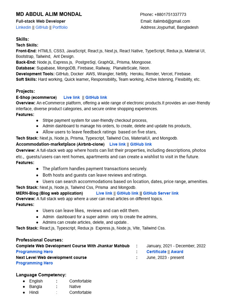 Alim Resume Full-stack-Developer | PDF | Web Development | Mobile App