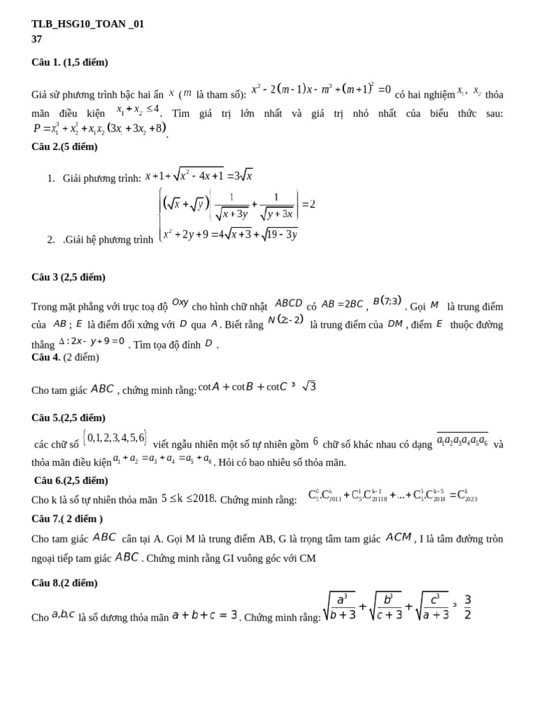 #37TLB - HSG 10 - Toán - 01 | PDF
