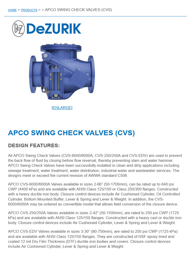 DeZURIK - APCO Swing Check Valves (CVS) | PDF | Valve | Mechanical ...