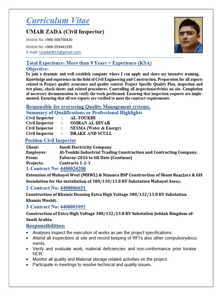 Umar Zada: Civil Inspector Profile | PDF | Concrete | Specification ...