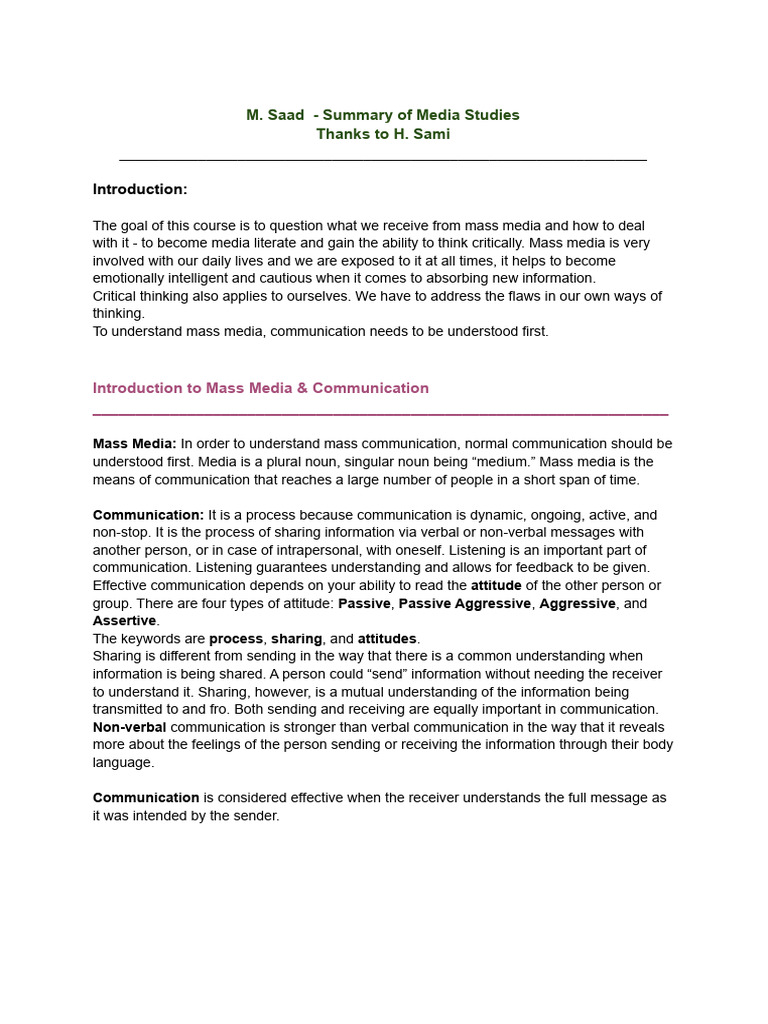 Media Studies | PDF | Communication | Mass Media
