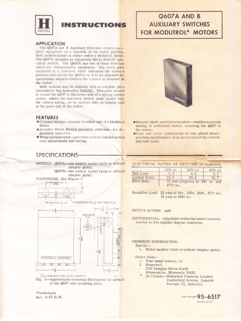 Q607 Auxiliary Switches for Modutrol Motors | PDF | Switch | Electrical ...