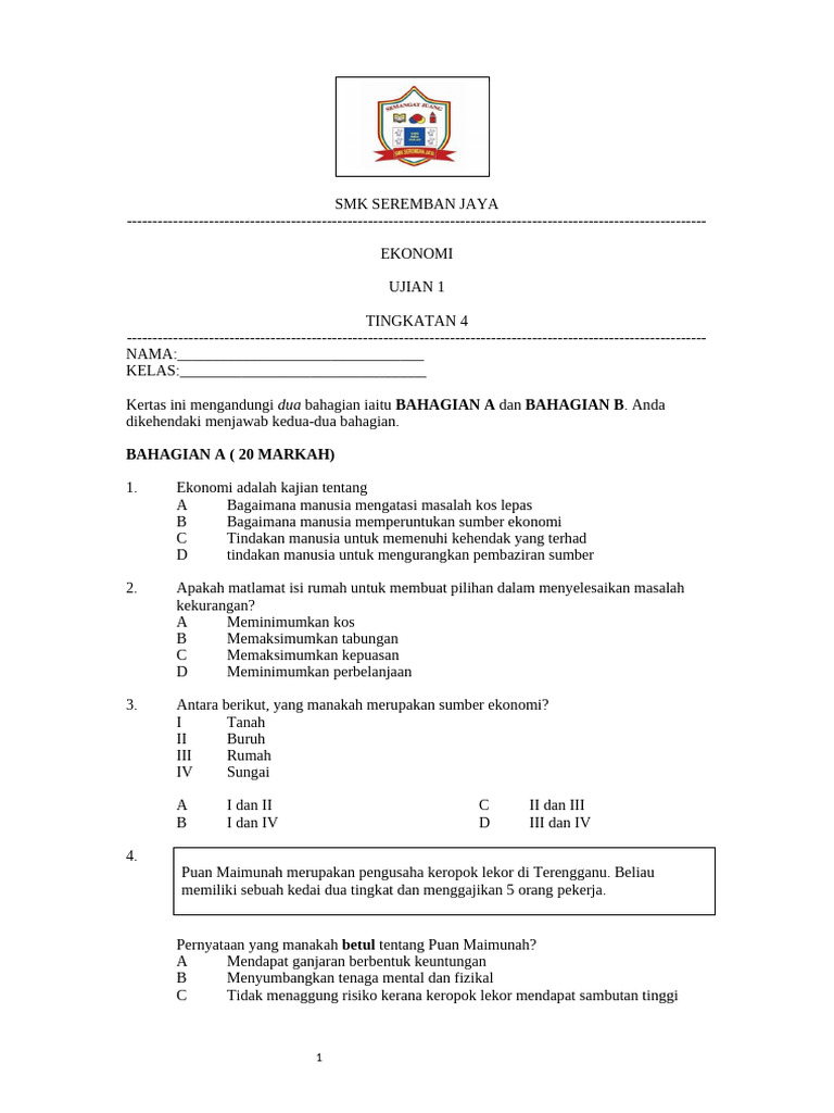 Ujian 1 Ekon | PDF