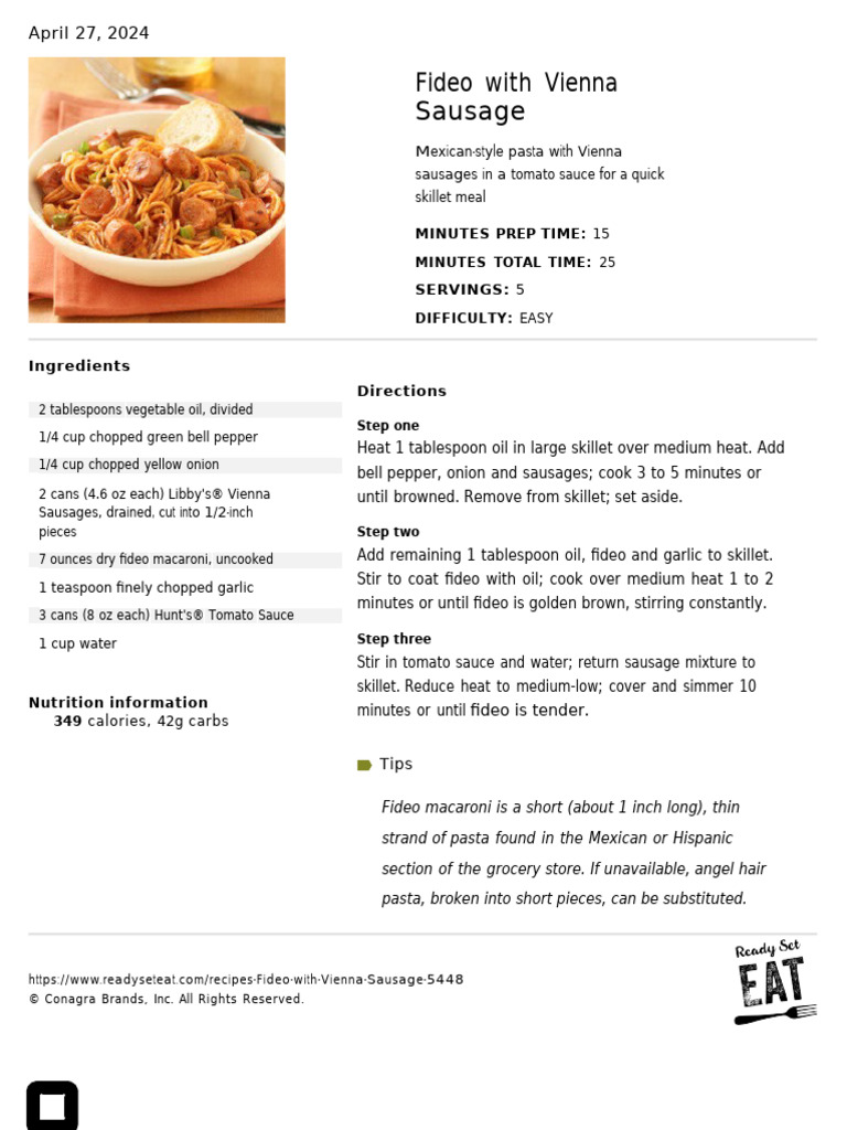 Fideo Pasta with Vienna Sausage Recipe | PDF | Pasta | Sausage