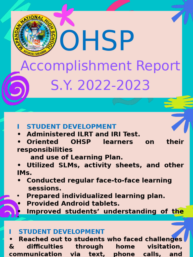 OHSP Accomplishment Report | PDF | Educational Assessment | Teaching