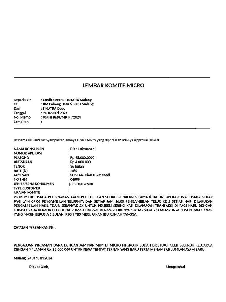 FORM LEMBAR KOMITE MICRO An. Dian | PDF