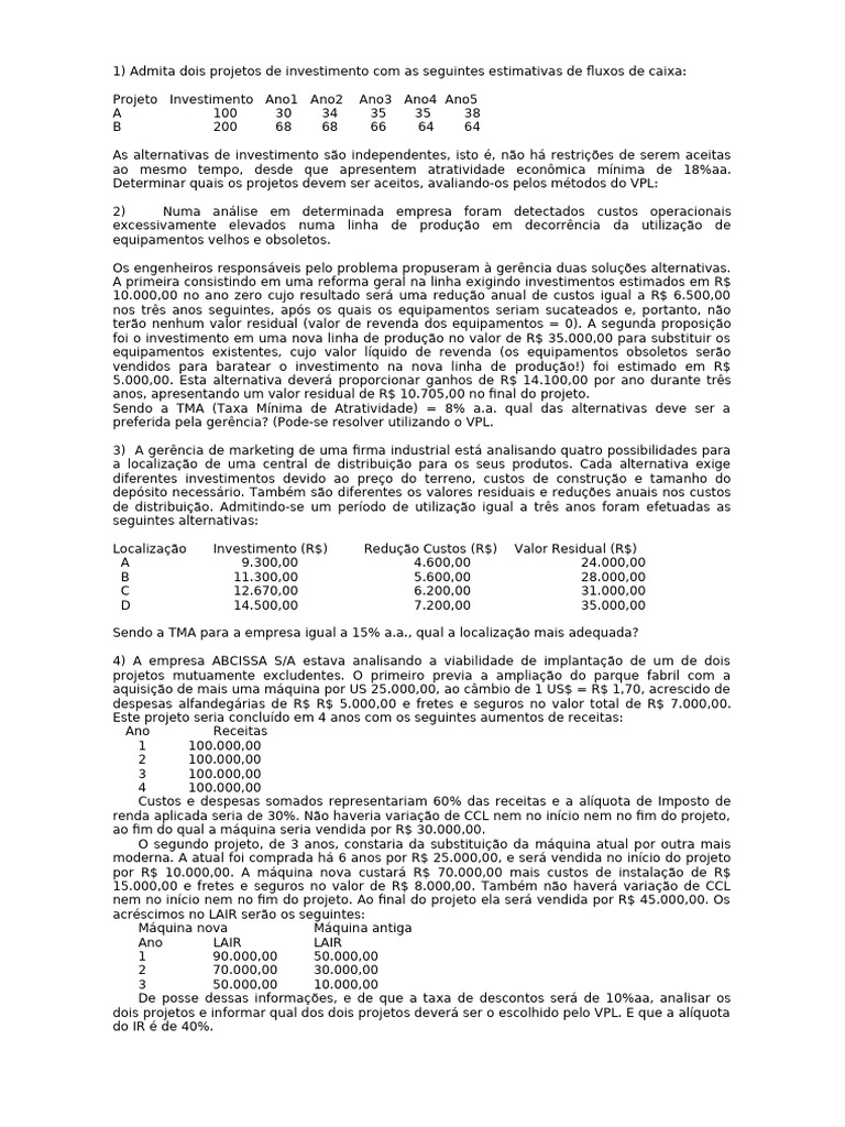 Exercícios VPL | PDF | Valor Presente líquido | Investimentos