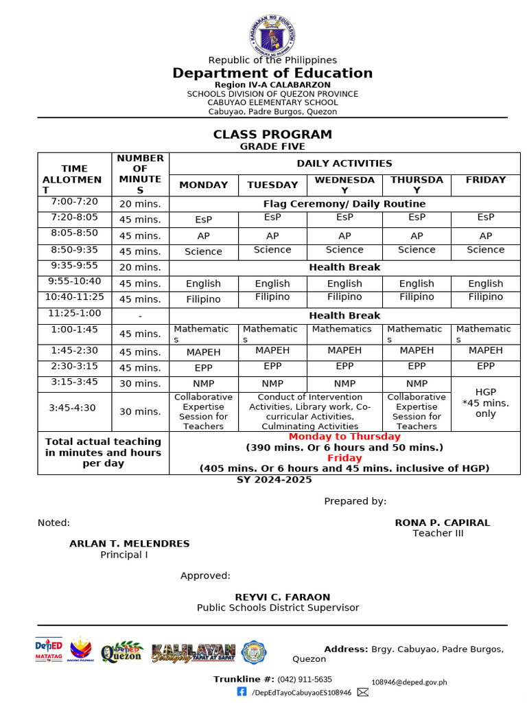 Cabuyao Elementary School Class Schedule | PDF | Public Administration ...