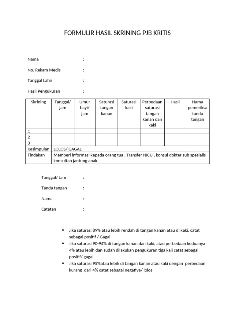 FORMULIR HASIL SKRINING PJB KRITIS (Per Bayi) | PDF | Kesehatan Holistik