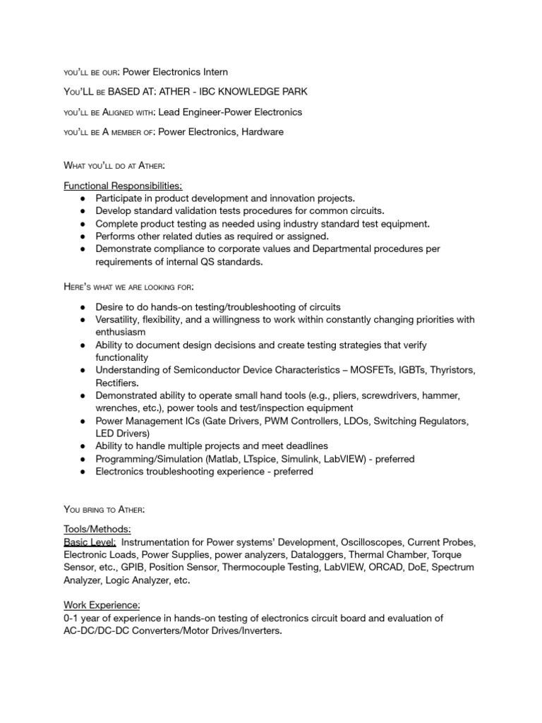 JD - Power Electronics Engineer - Internship | PDF | Computers