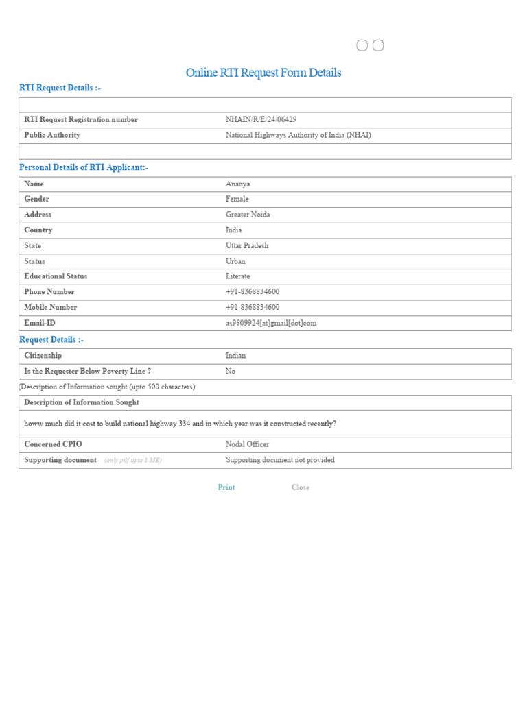 RTI Online Request/Appeal Form Details | PDF