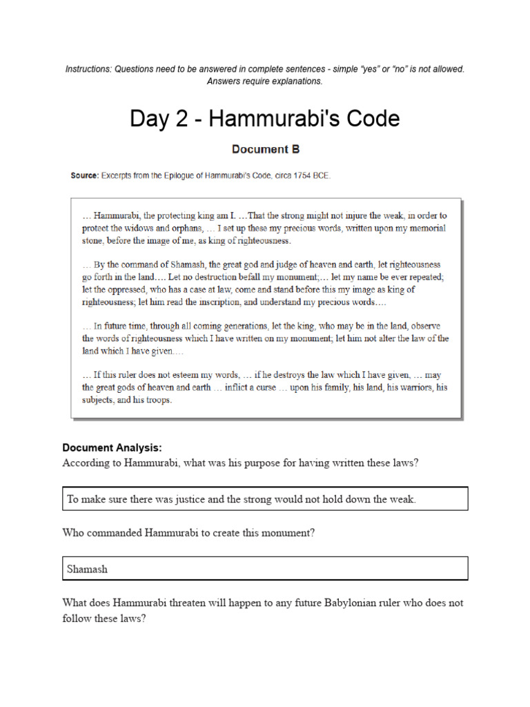 Day 2 Hammurabis Code Dbq Pdf Law Religion And Spirituality