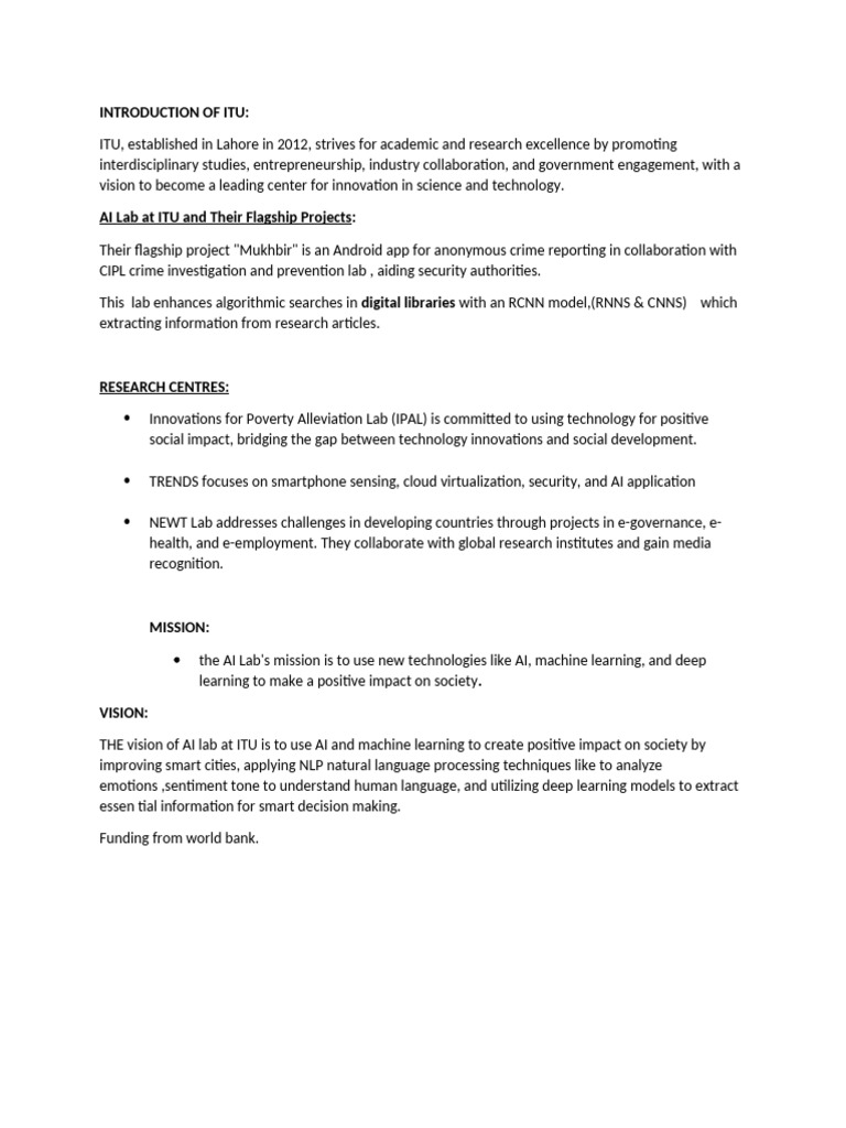 AI Lab at ITU and Their Flagship Projects | PDF