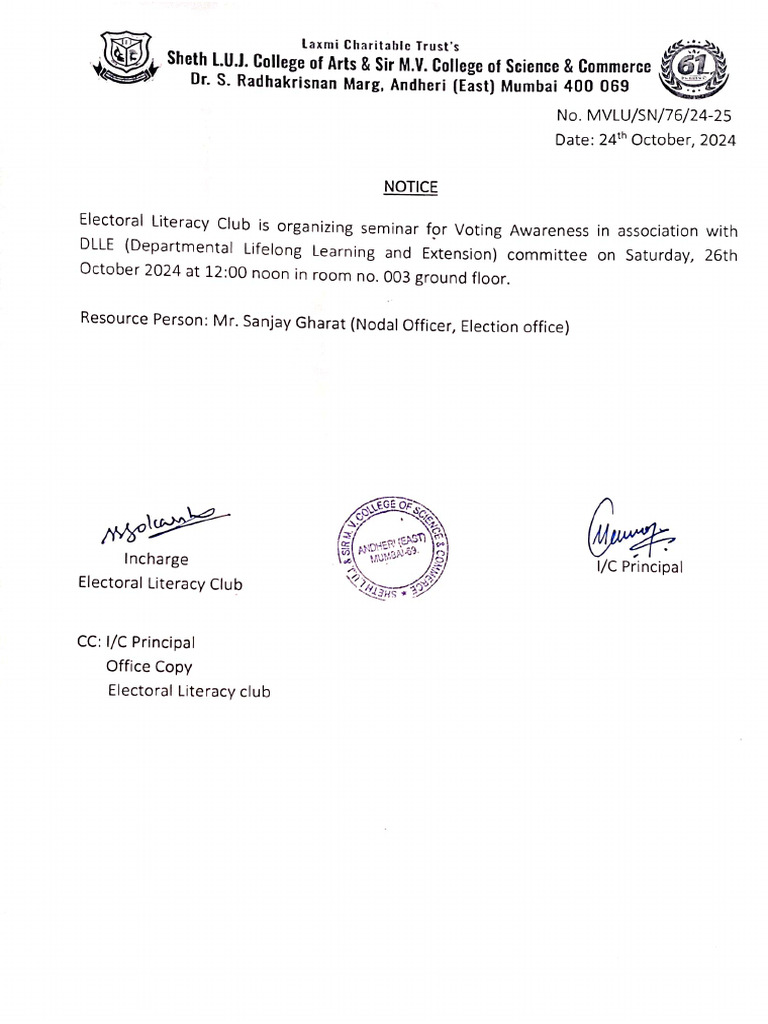 Electoral Literacy Club 24-25 Notice. 76 | PDF