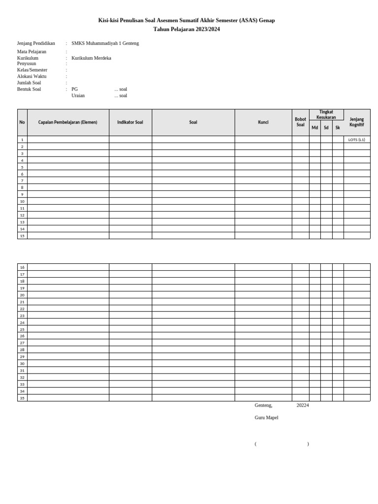 Kisi-Kisi Soal Asas Genap 2024 | PDF