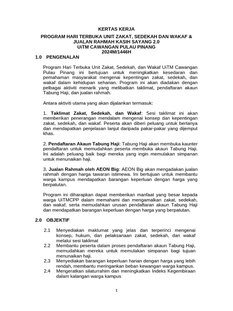 Kertas Kerja Program Hari Terbuka Unit Zakat, Sedekah & Wakaf & Jualan Rahmah 2.0 Terkini | PDF