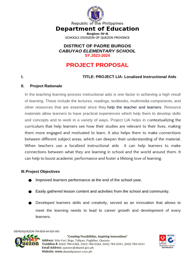 PROJECT-PROPOSAL - Project LIA | PDF | Teachers | Learning