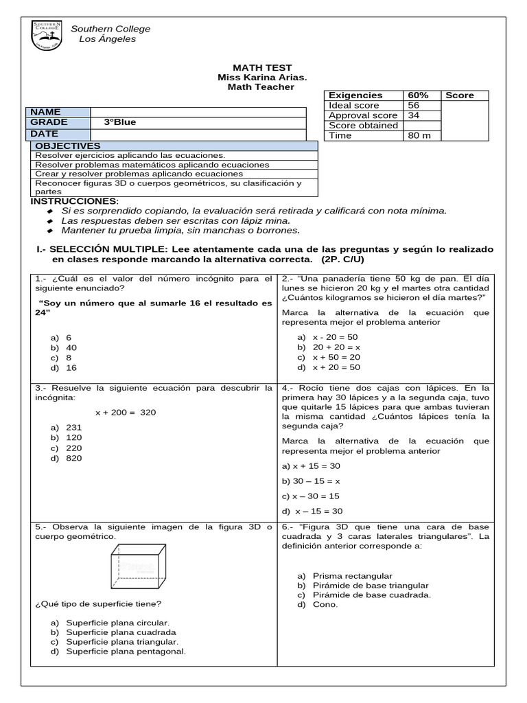 2 Evaluacion 3ero Blue | PDF | Ecuaciones | Matemáticas