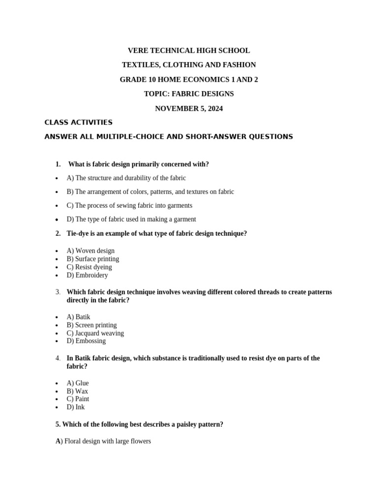 Fabric Designs MCQ Test Grade 10 | PDF | Textiles | Weaving