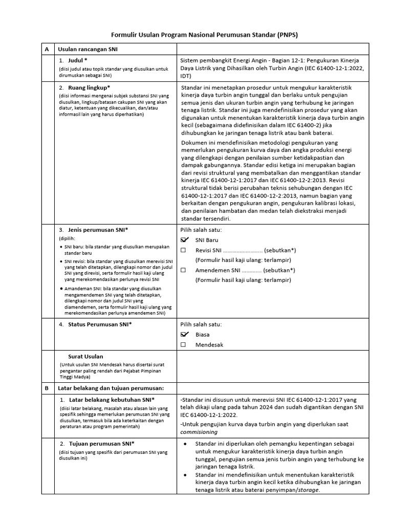 Formulir Usulan PNPS SNI IEC 61400-12-1 2022 | PDF