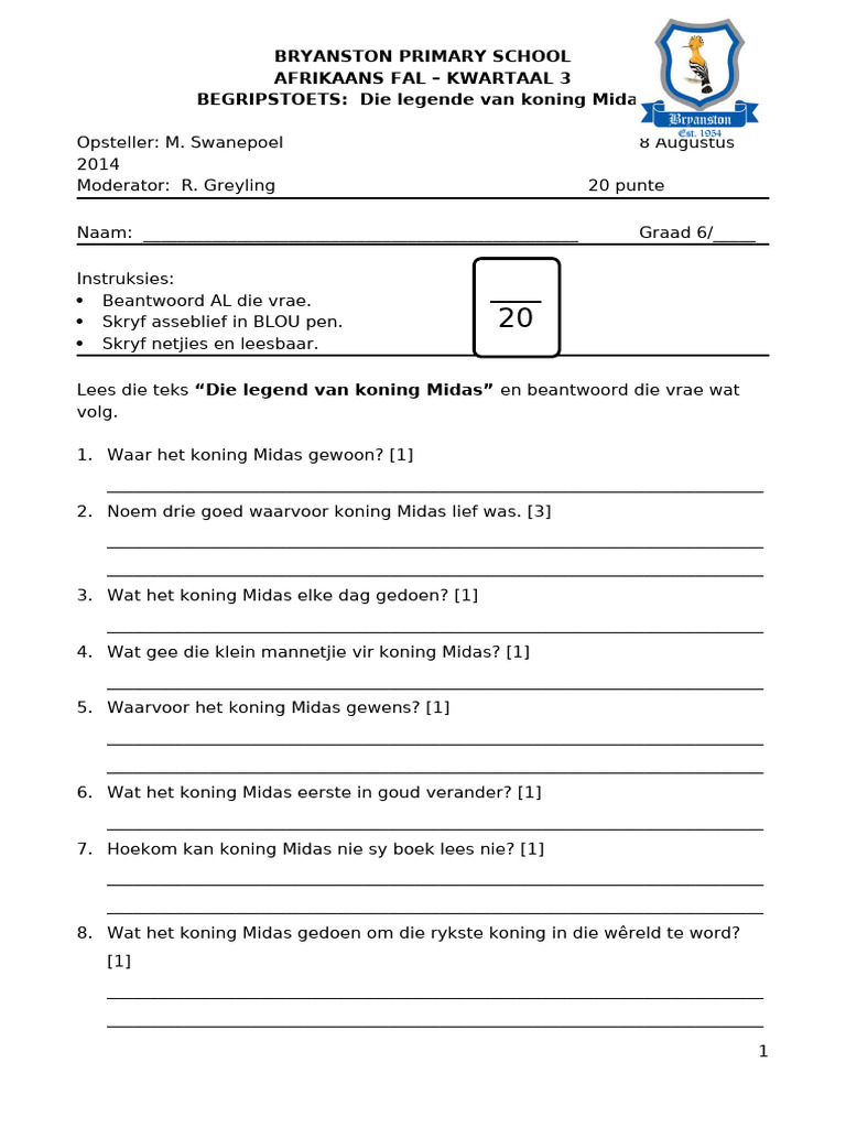 Die Legende Van Koning Midas Begripstoets | PDF