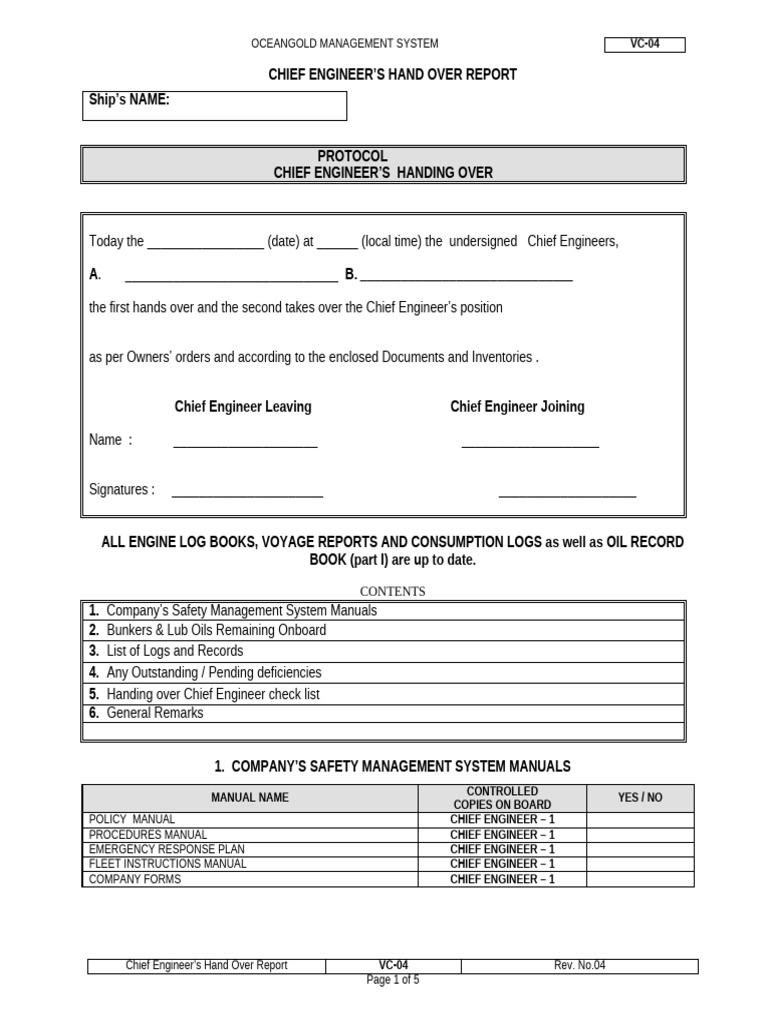 VC-04 - 04 (Chief Engineers Handover Report) | PDF | Pump | Engines