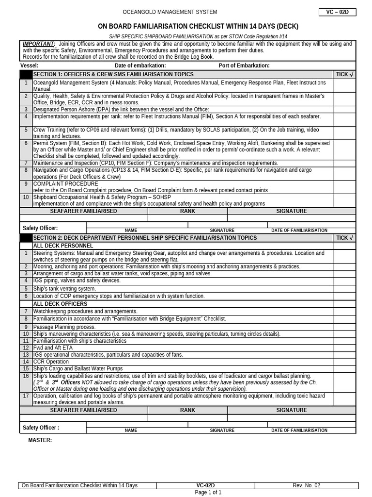 VC-02D - 02 (On Board Familiarisation Checklist Within 14 Days | PDF ...