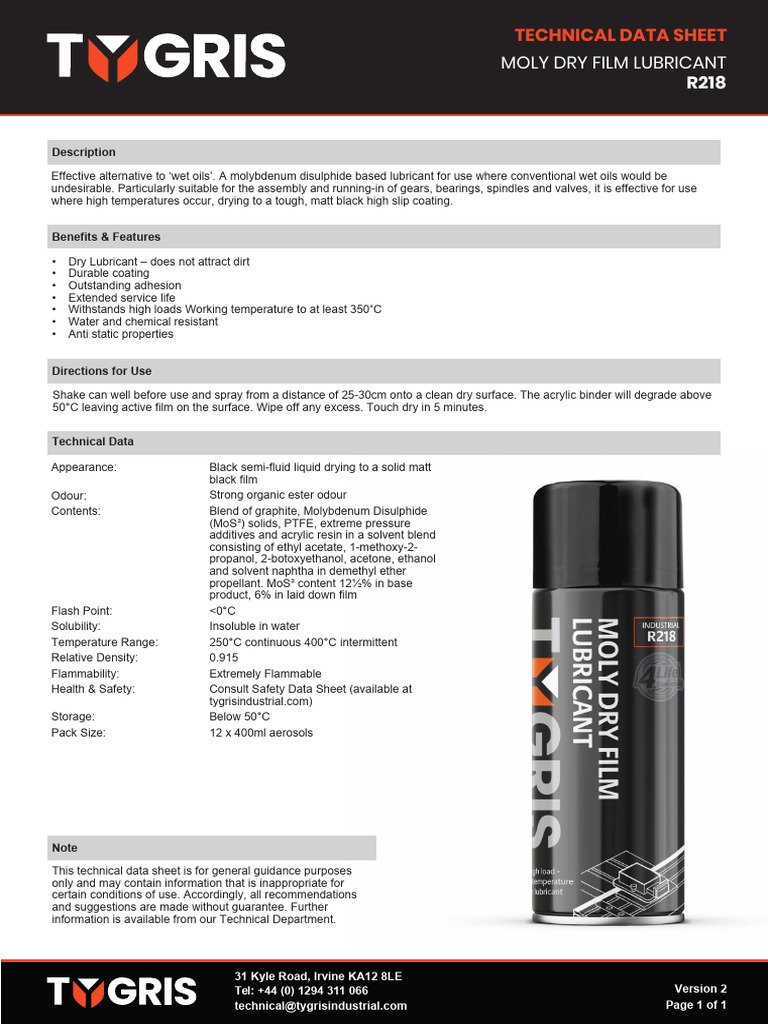 Tygris Moly Dry-Film Lubricant R218 | PDF | Lubricant | Chemical Substances