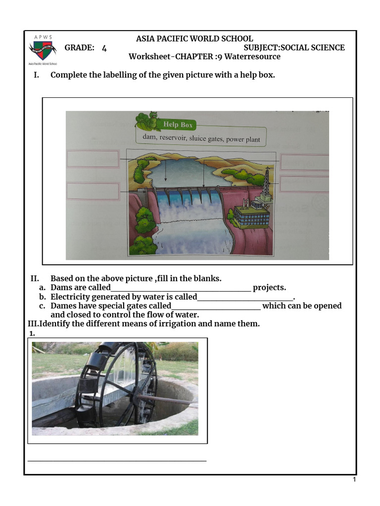 Worksheet Grade4 ch-9 Water Resource | PDF