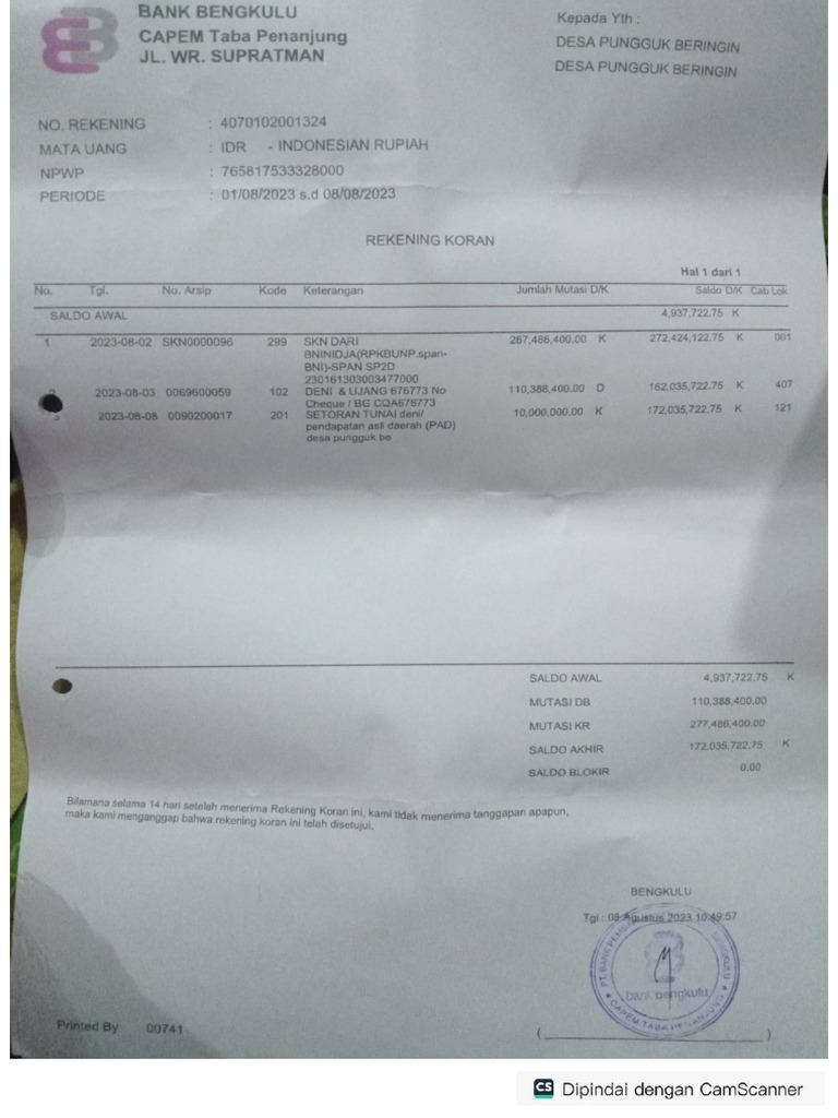 Rekening Koran DS PG Beringin | PDF