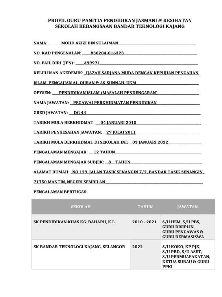Borang-Profil-Guru-Panitia Pai Azizi | PDF