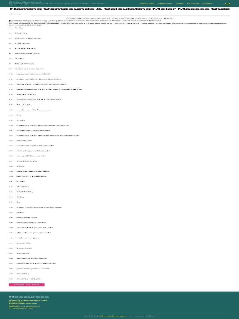 Naming Compounds & Calculating Molar Masses Quiz | PDF