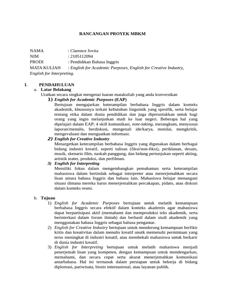 Rancangan Kerja Mata Kuliah PLP MBKM 2024 | PDF | Seni & Disiplin Bahasa