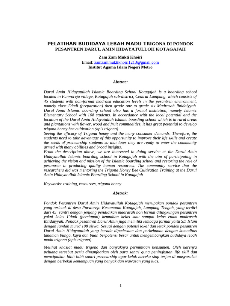 Pelatihan Budidaya Lebah Madu Trigona Di Pondok Pesantren Darul Amin Hidayatulloh Kotagajah | PDF