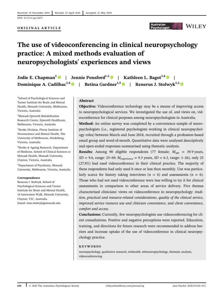 The Use of Videoconferencing in Clinical Neuropsychology Practice - A Mixed Methods Evaluation ...