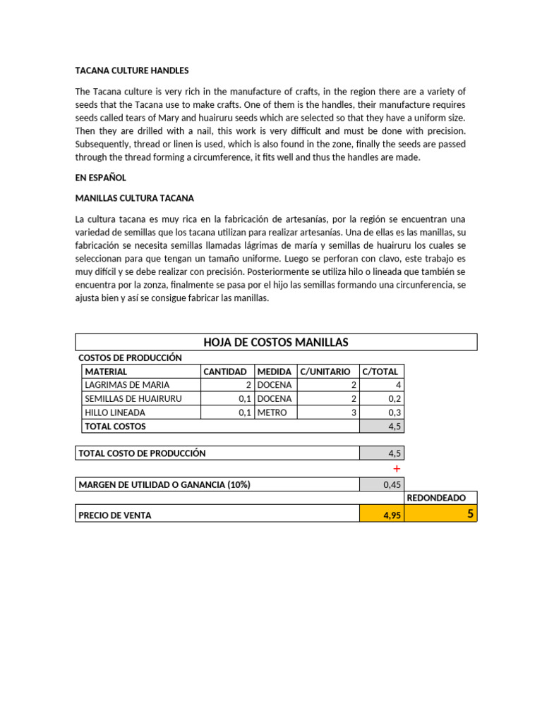 Hoja de Costos Manillas y Collares | PDF