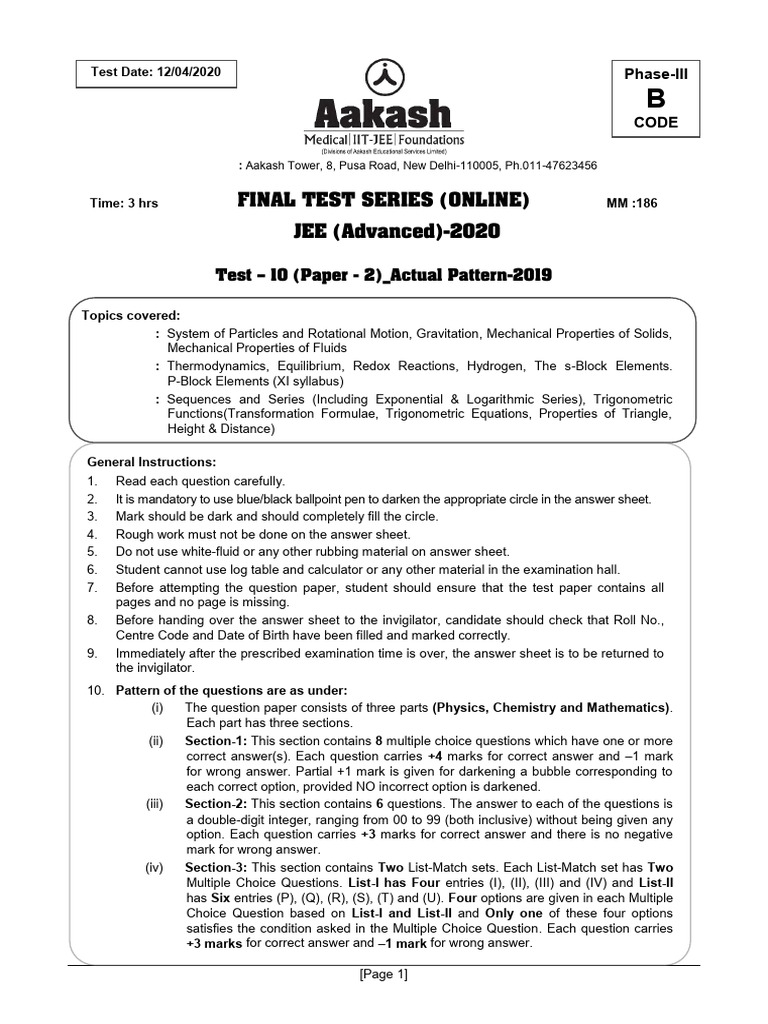 FTS-10 Paper-2 JEE Advanced-2020 QP & Solutions | PDF | Velocity | Force