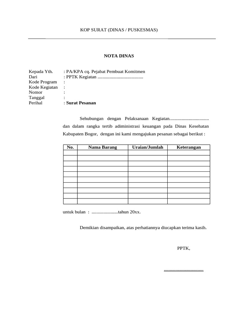 Nota Dinas Pengajuan Pesanan Puskesmas | PDF