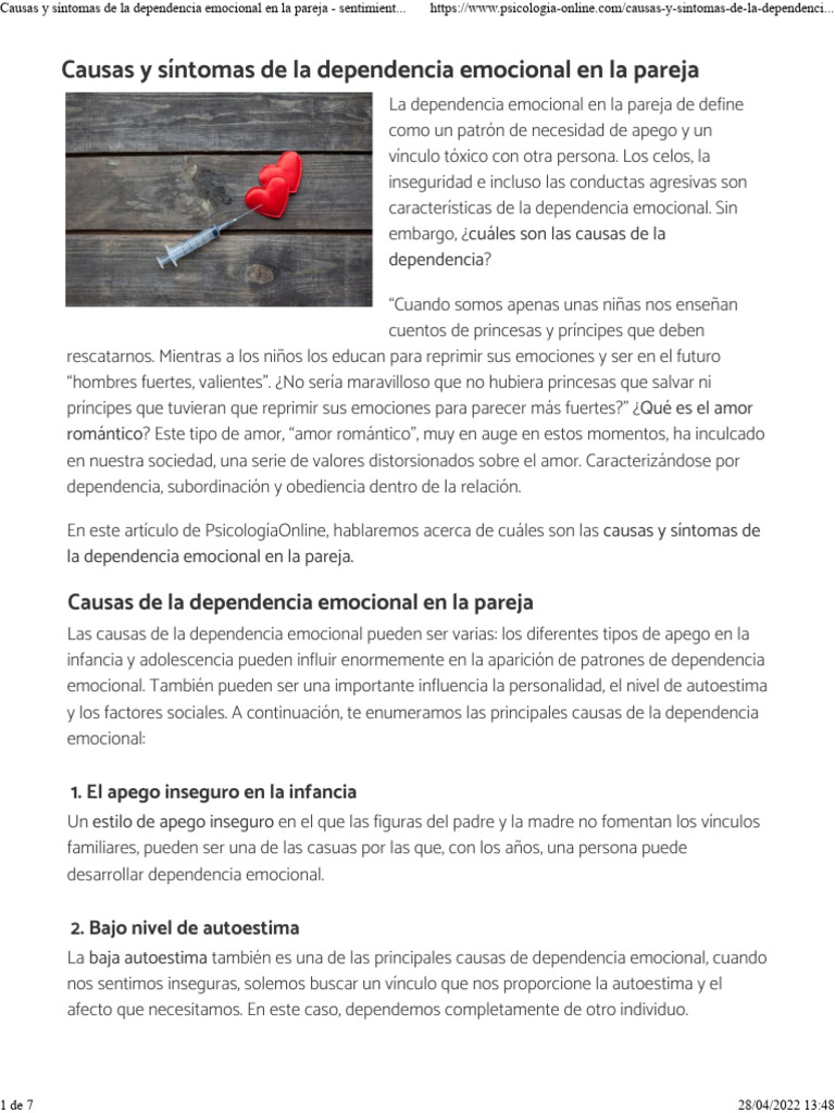 Causas y Síntomas de La Dependencia Emocional en La Pareja - Sentimientos y Terapia | PDF | Amor ...