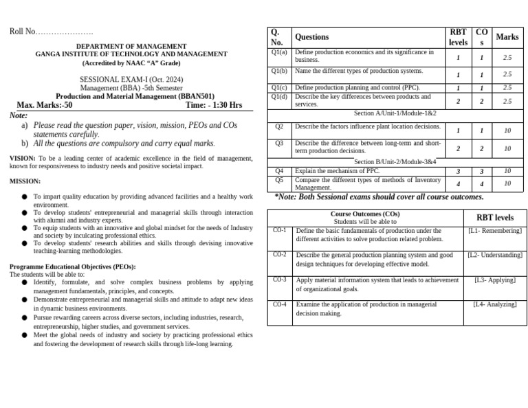 PMM (BBA 5th Sem) Sessional 1 Oct. 2024 | PDF | Entrepreneurship | Learning