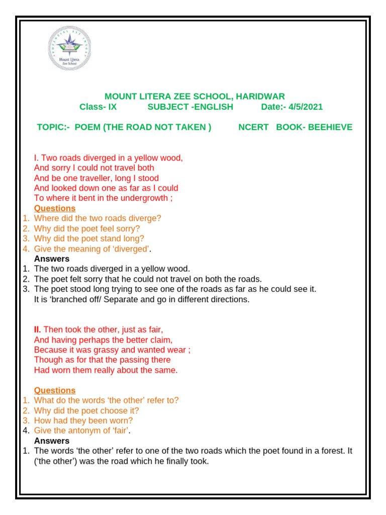Comprehension and Question Answer (Poem Road Not Taken) | PDF ...