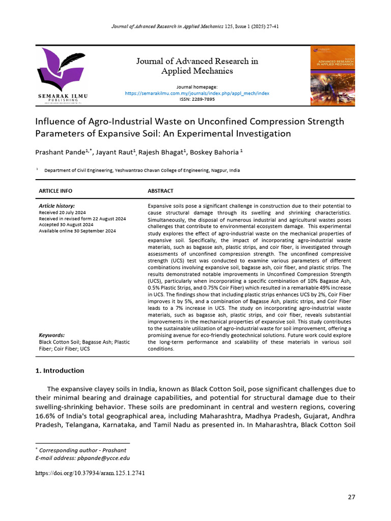Influence of Agro-Industrial Waste On Unconfined Compression Strength Parameters of Expansive ...