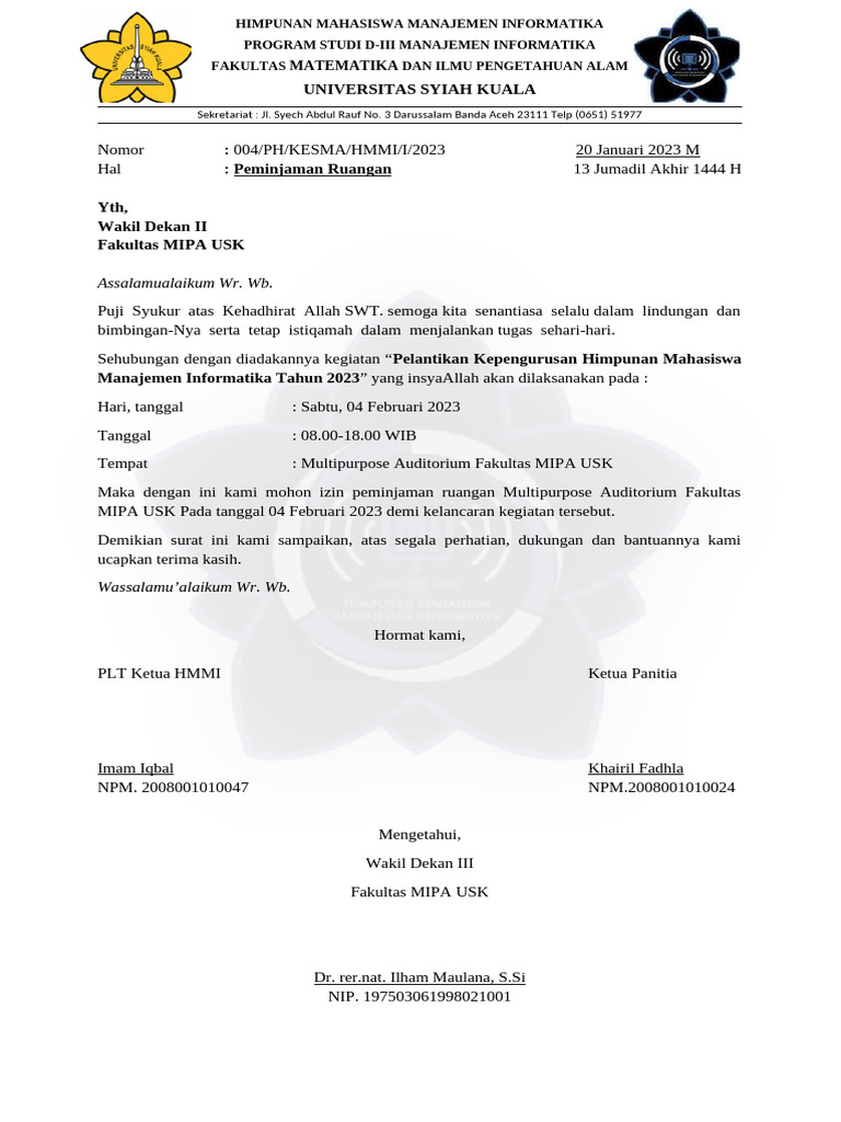 Surat Peminjaman Aula | PDF